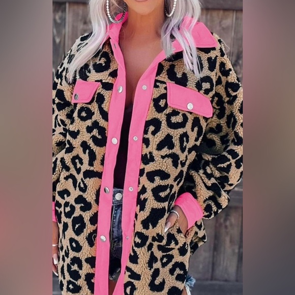 Jackets & Coats | Shacket Gorgeous Pink Leopard Print Teddy Shacket ...